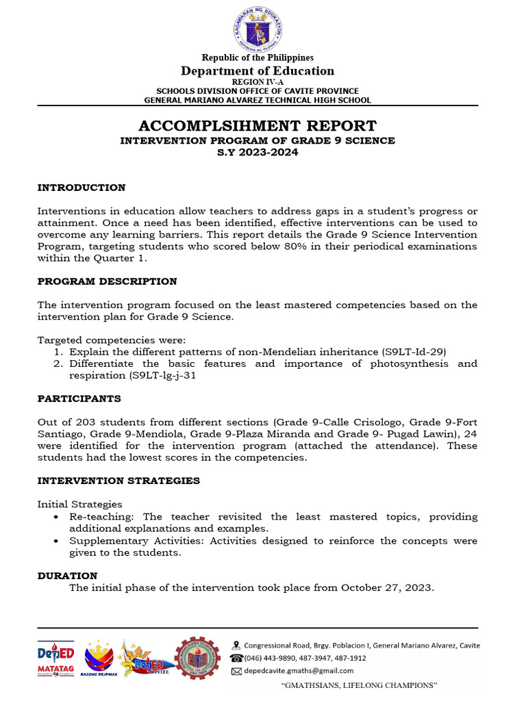 Intervention Accomplishment Report | Download Free PDF | Learning | Teaching Method