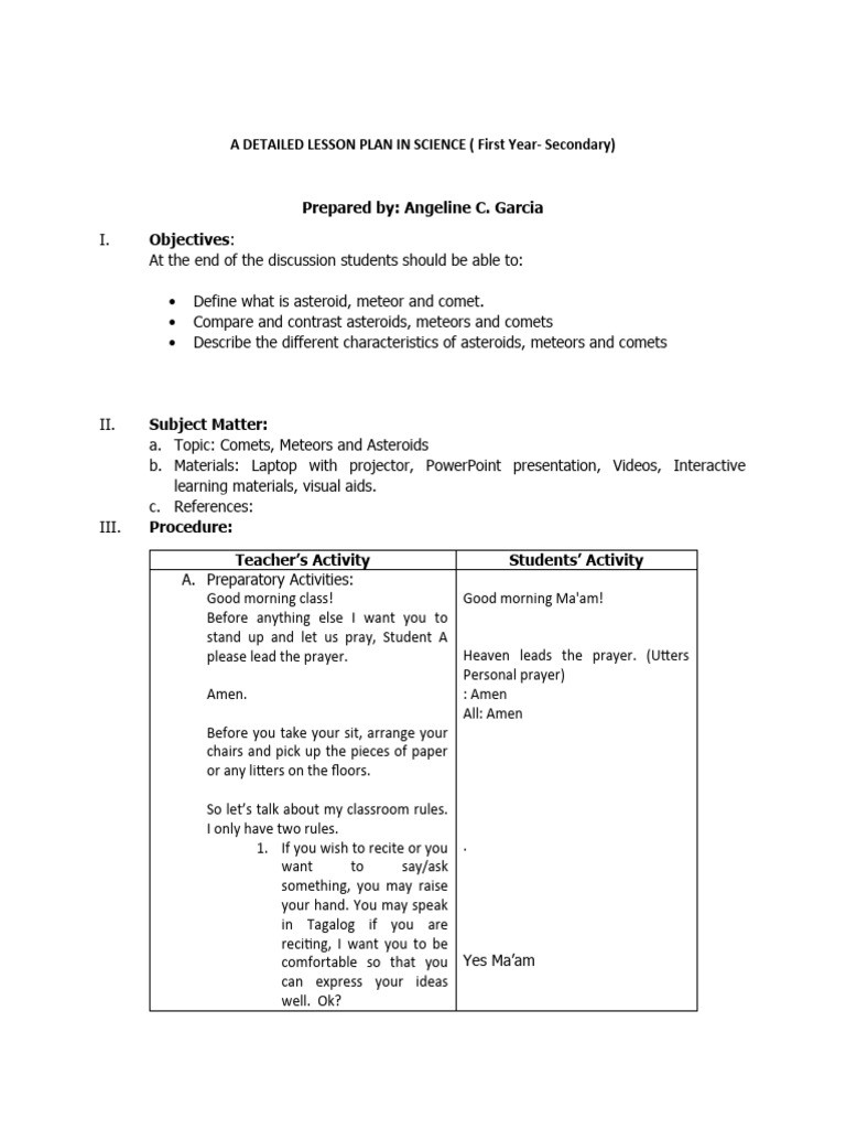 Lesson Plan: Asteroids, Meteors, Comets | PDF | Meteoroid | Asteroid