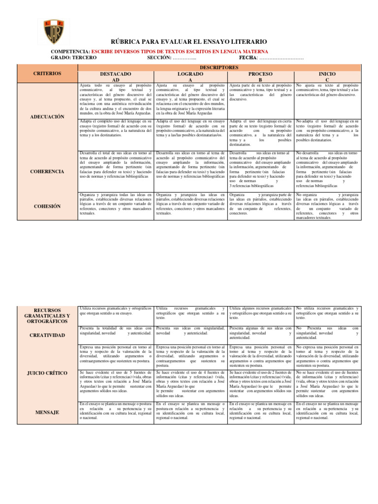 3°rúbrica para Evaluar El Ensayo Literario | Descargar gratis PDF ...
