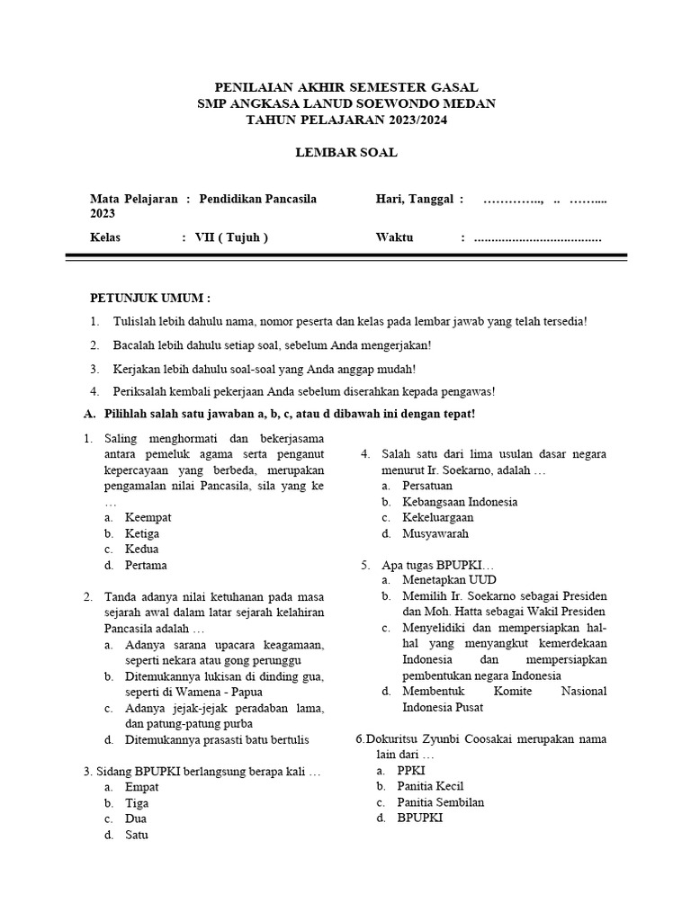 Soal PTS Kls VI Ganjil K Merdeka | PDF