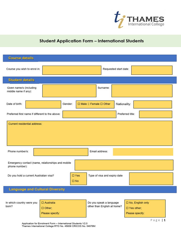 Thames International Student Application Form | PDF | Vocational Education | Disability