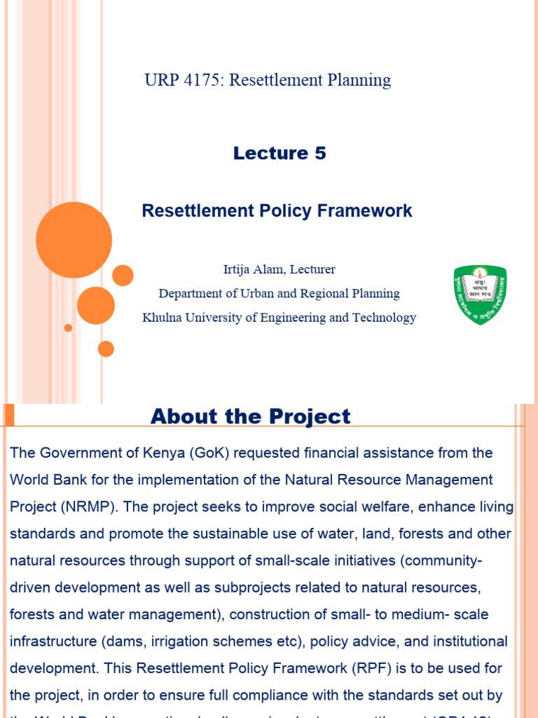 Lecture 5 URP 4175 Resettlemet Planning | PDF | Valuation (Finance) | Monitoring And Evaluation