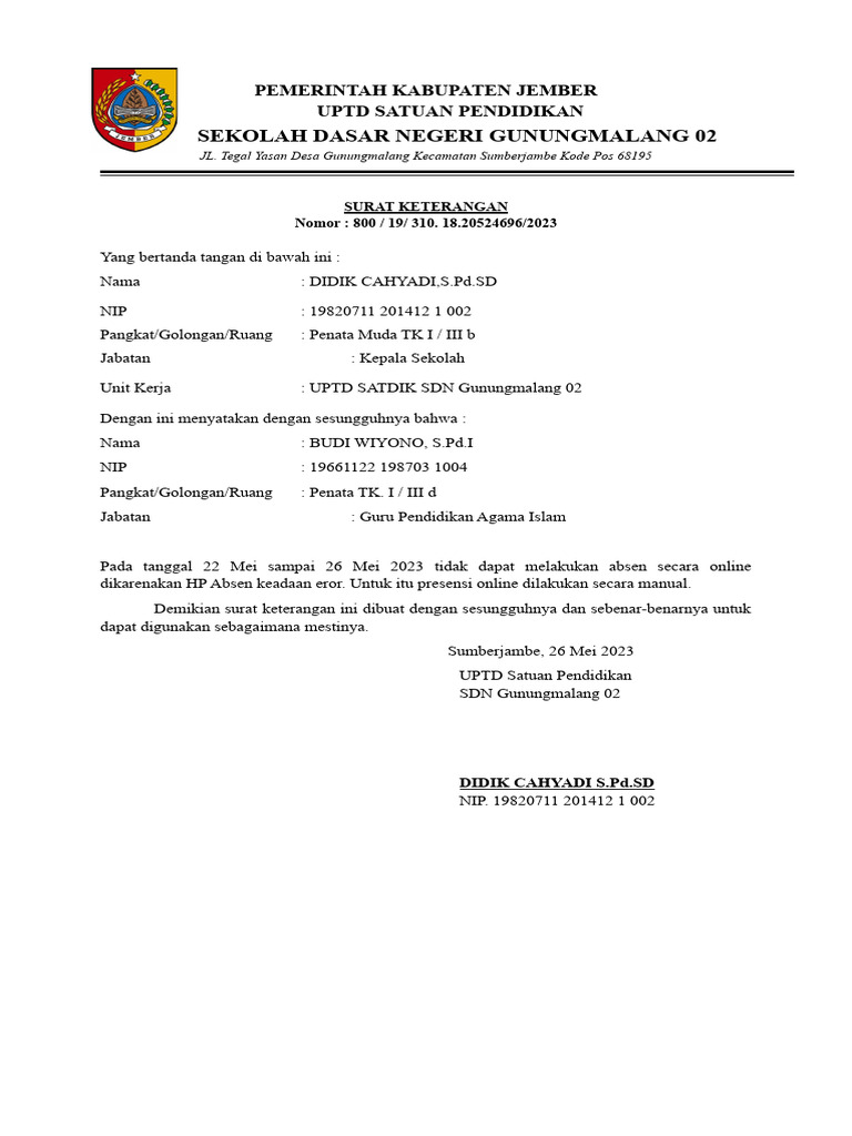 Surat Keterangan Absensi Manual SDN Gunungmalang 02 | PDF