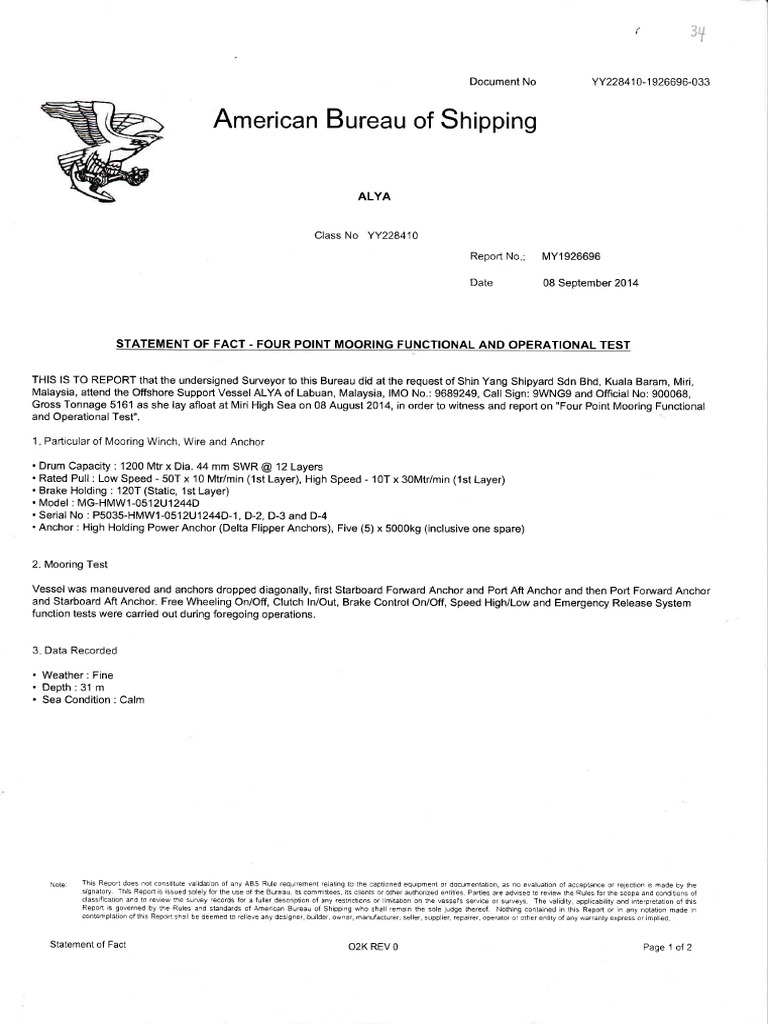 ABS SOF 4 Point Mooring Functional and Test Cert | PDF | Anchor ...