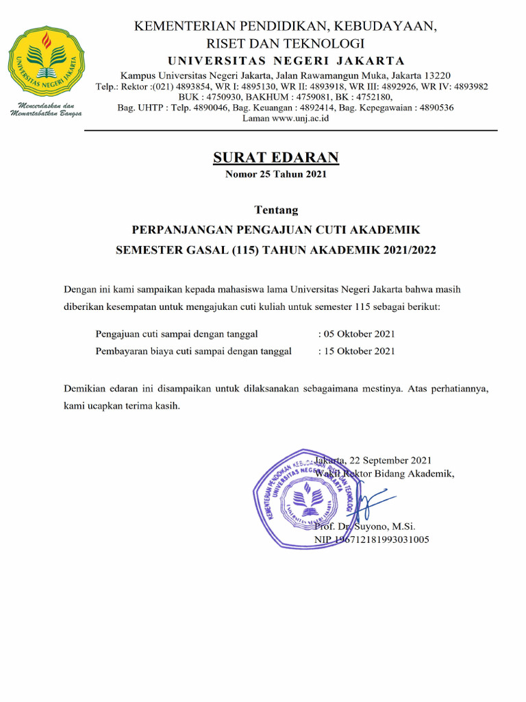 2-420-25 - Surat Edaran Perpanjangan Cuti Semester 115 Ke-2 | PDF