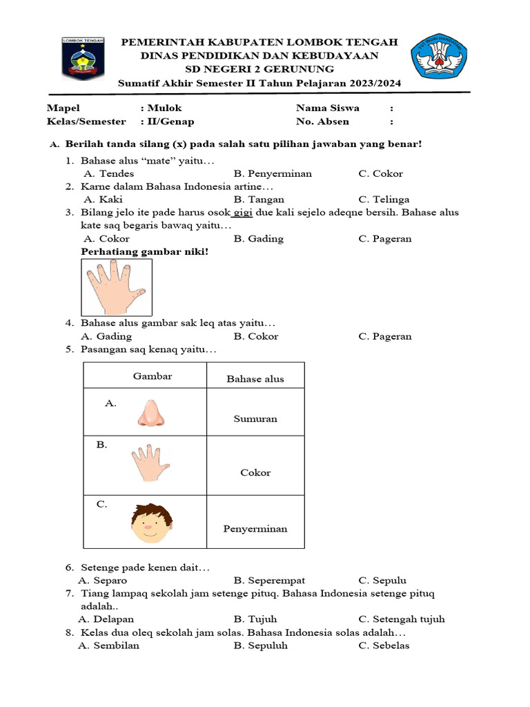 Soal Sas Mulok Kelas 2 Semt 2 | PDF | Seni & Disiplin Bahasa