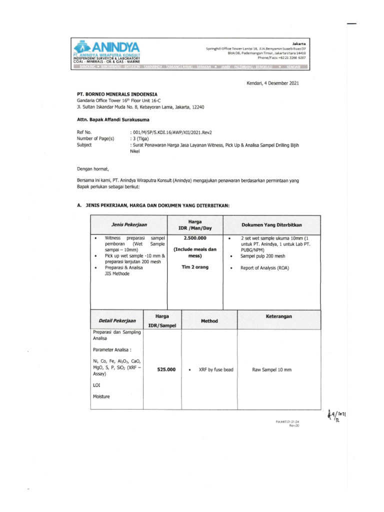 Quotation Rev Witness, Pick Up & Sampling Analisa Drilling PT. Borneo ...