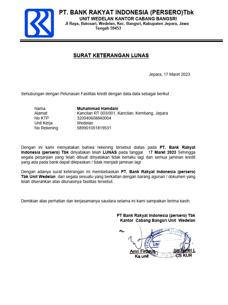 Surat Lunas Bri | PDF
