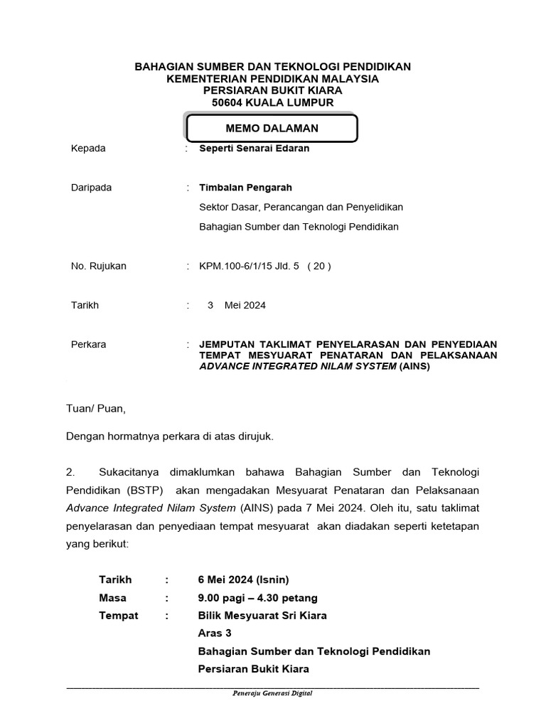 Memo Dalaman_taklimat Persiapan Tempat Jamuan Raya 2024 | PDF