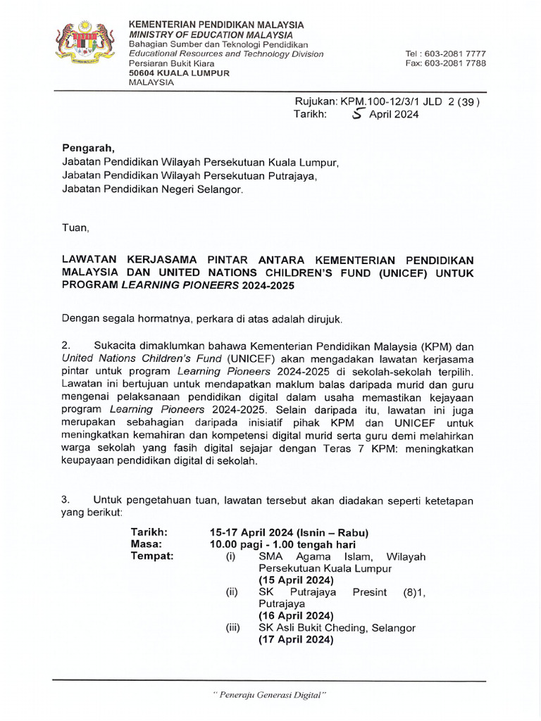 Surat Lawatan Kerjasama Pintar Antara KPM Dan Unicef Untuk Program ...