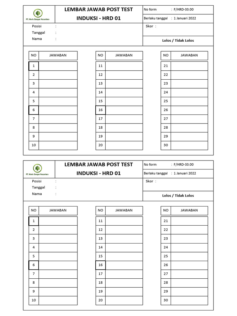 Lembar Jawab Post Test Induksi | PDF