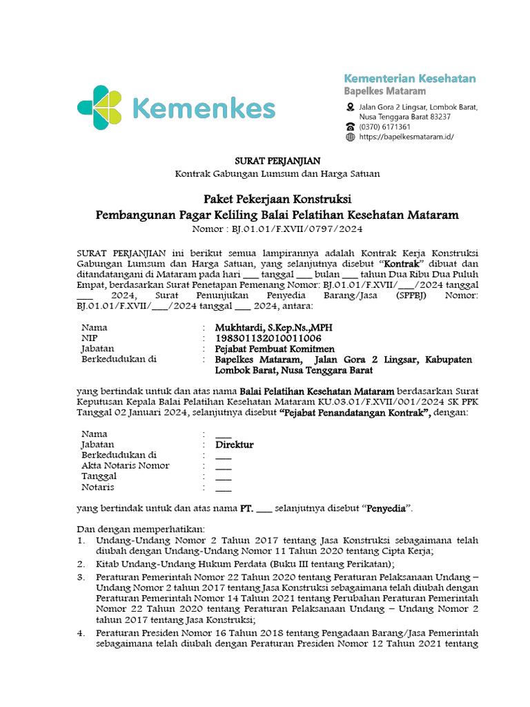 Perjanjian Kontrak Pelaksana Pagar Keliling | PDF