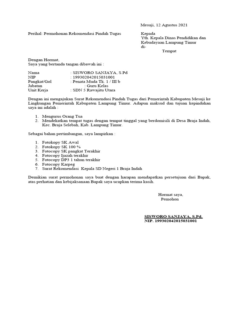 PERMOHONAN REKOM MUTASI Disdik LAMTIM | PDF