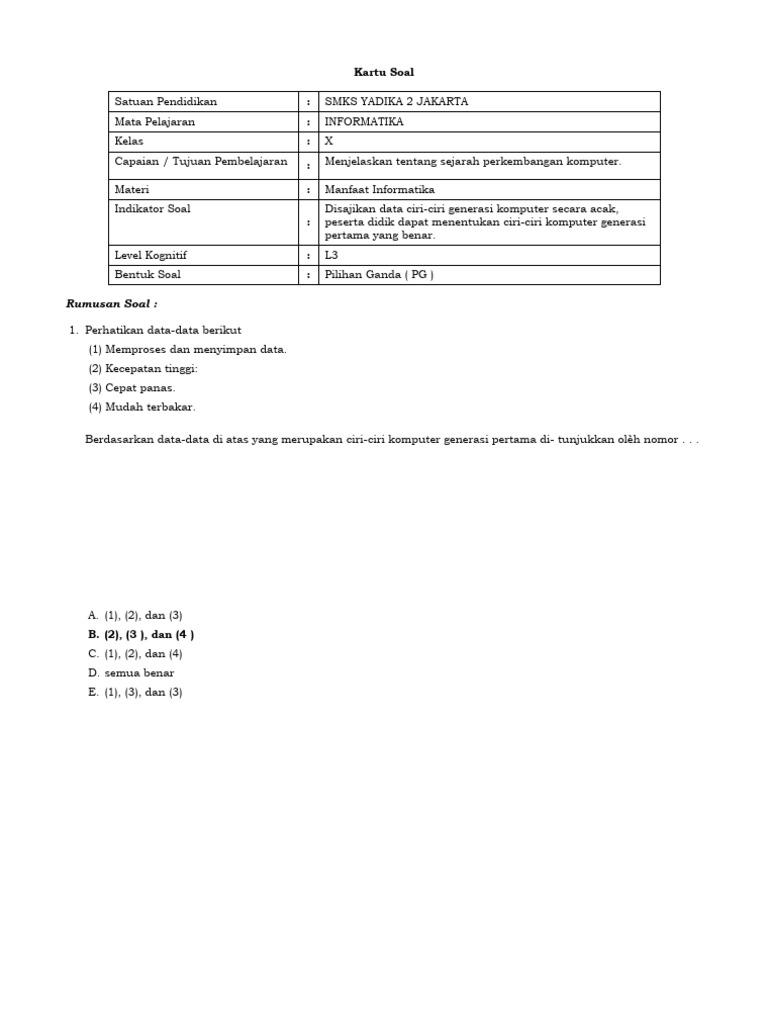 KARTU SAS - INFORMATIKA - X - Nia Widya Ningrum, S.Pd. | PDF