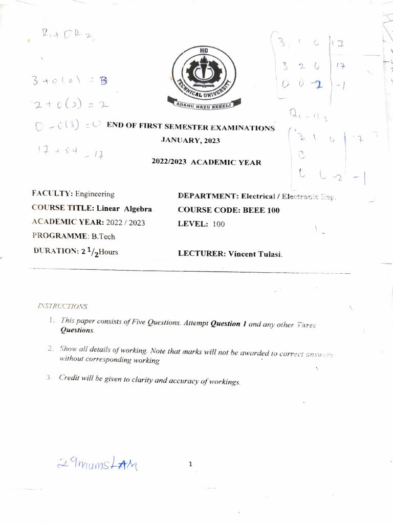 Linear Algebra Questions 1 | PDF | Vector Space | Electrical Network