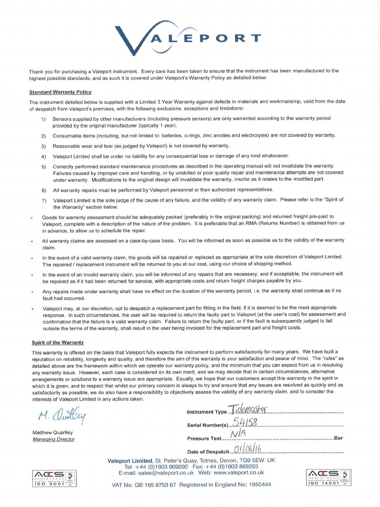 Cert Calibration Valeport TideMaster SN 54158 | PDF
