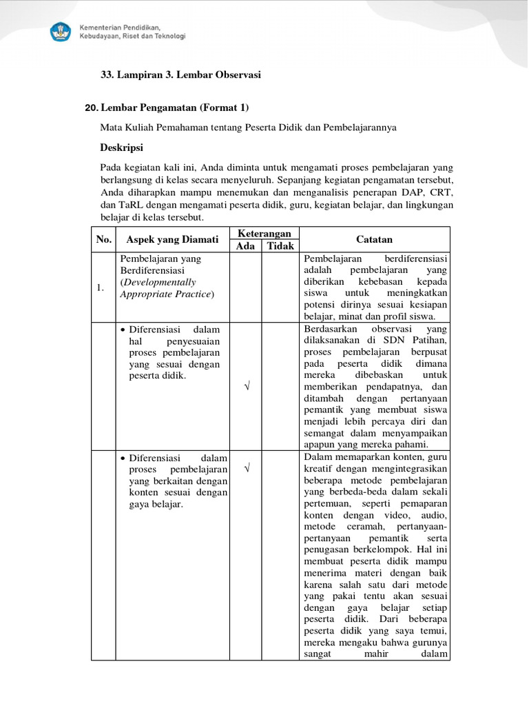 BAHARUDDIN Y.S.S Lembar Pengamatan Elaborasi Pemahaman Peserta Didik | PDF | Karier ...