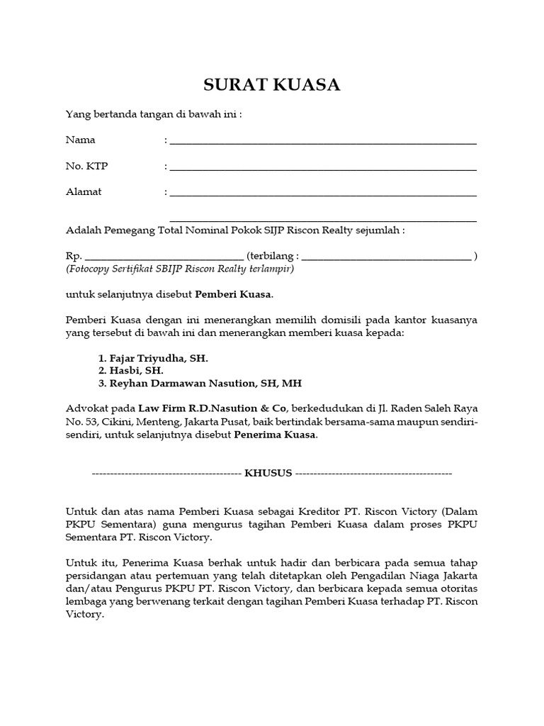 SURAT KUASA Utk RDN&Co Dalam Proses PKPU (Riscon) - 1 | PDF | Hukum