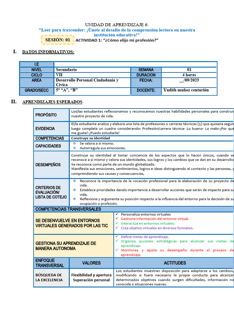 5º DPCC - Ses 1 Uni 6 - Sem 01 | PDF | Maestros | Aprendizaje