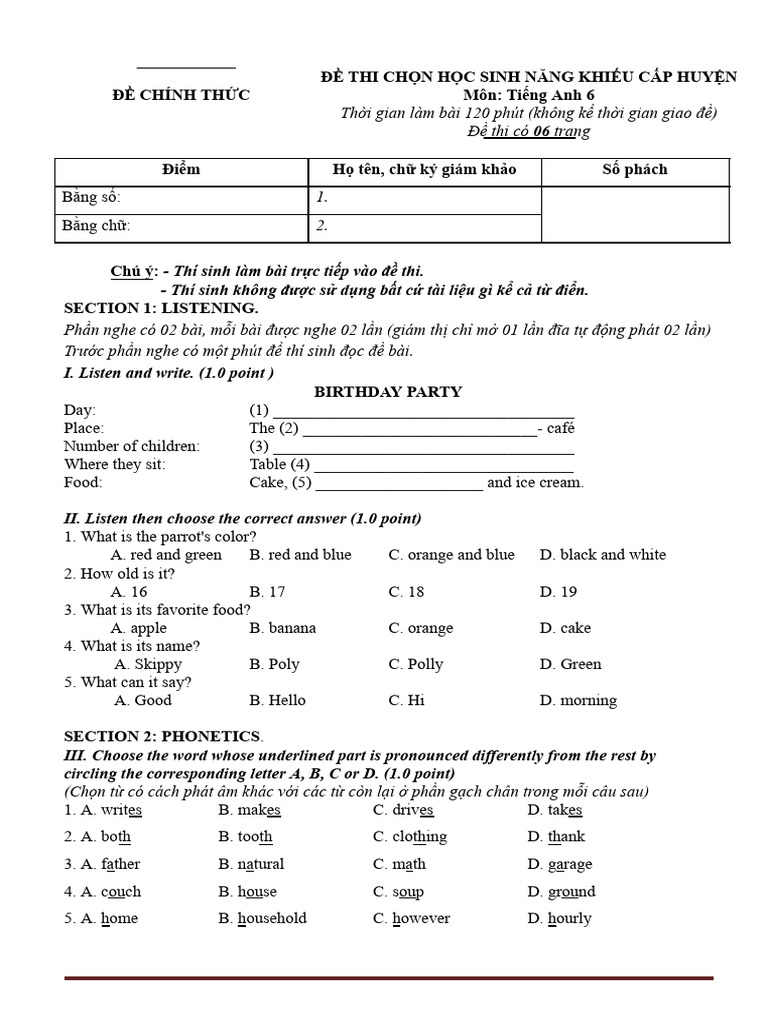 De Thi HSG Tieng Anh 6 de 2 | PDF | Meal | Lunch