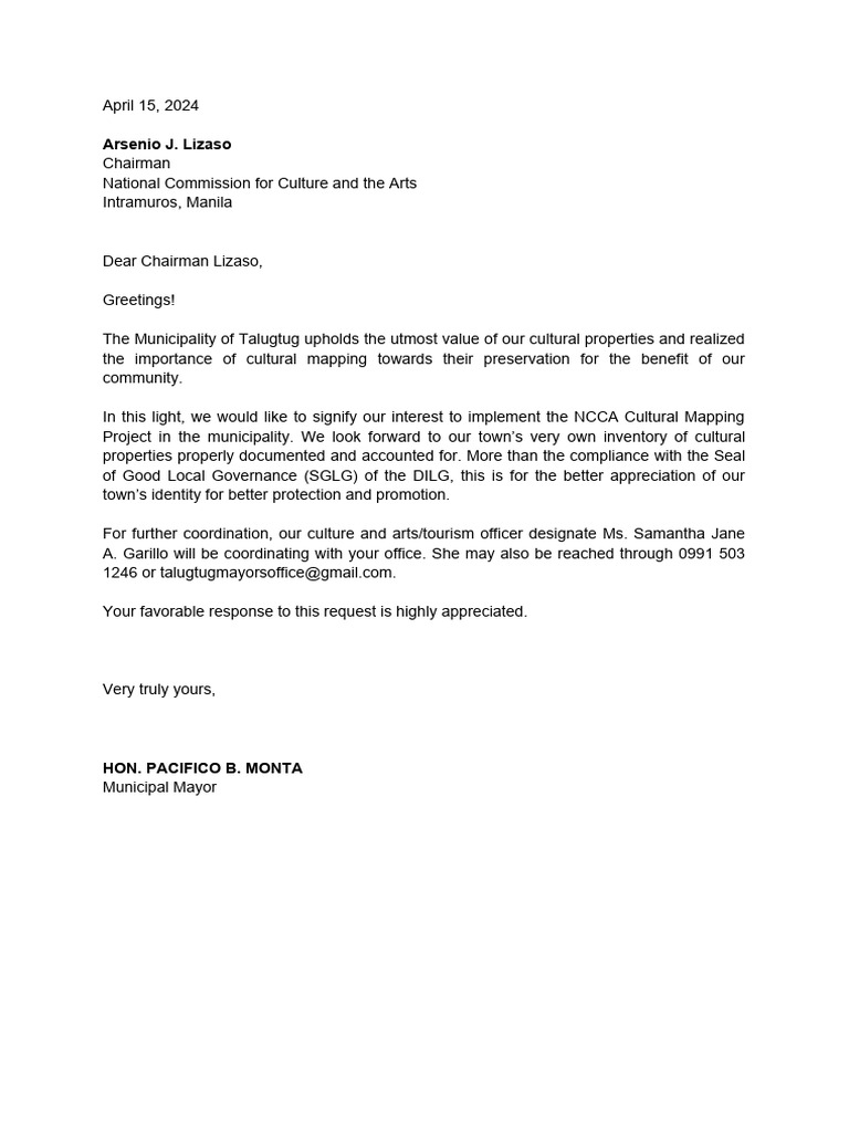 Sample Request Letter For Cultural Mapping Assistance | PDF