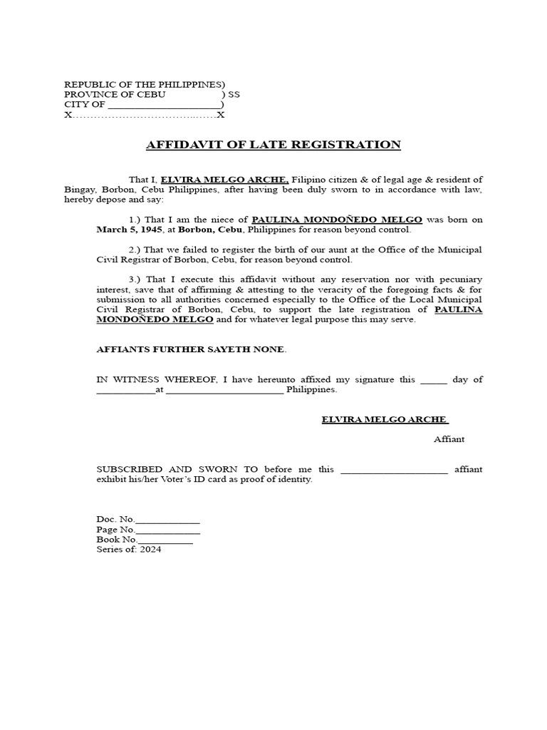 Affidavit of Delayed Late Registration | PDF