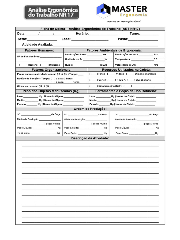 3 - Ficha de Coleta - Análise Ergonômica Do Trabalho (AET NR17) | PDF | Fatores humanos e Ergonomia