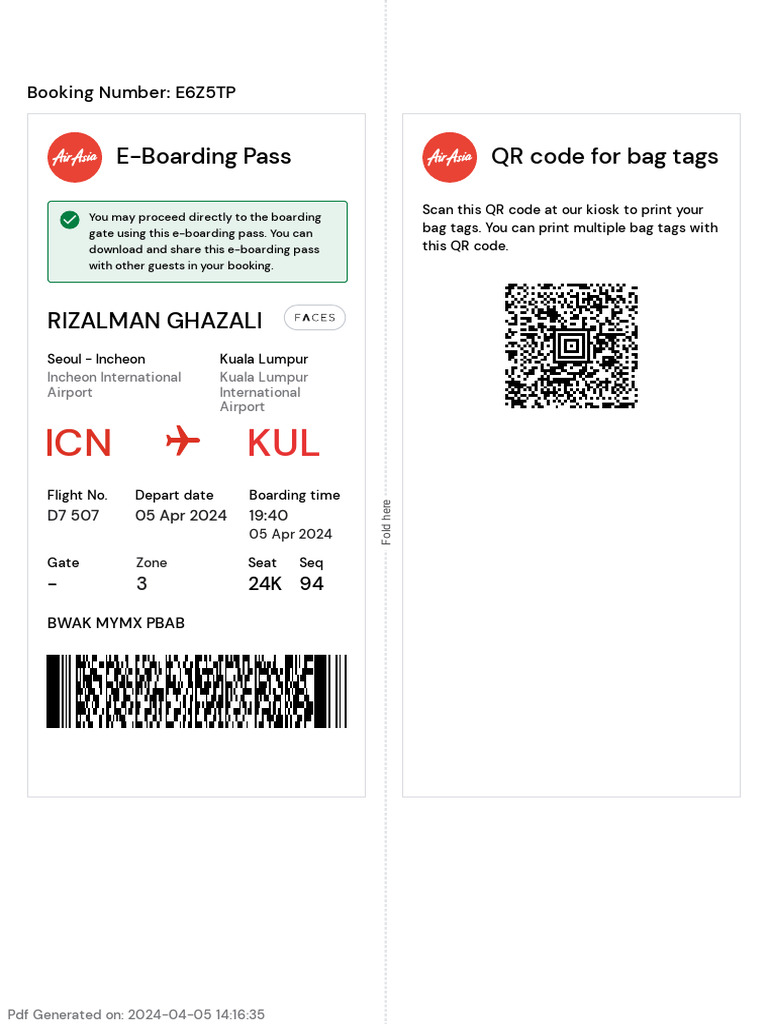 E-Boarding Pass QR Code For Bag Tags: Booking Number: E6Z5TP | PDF