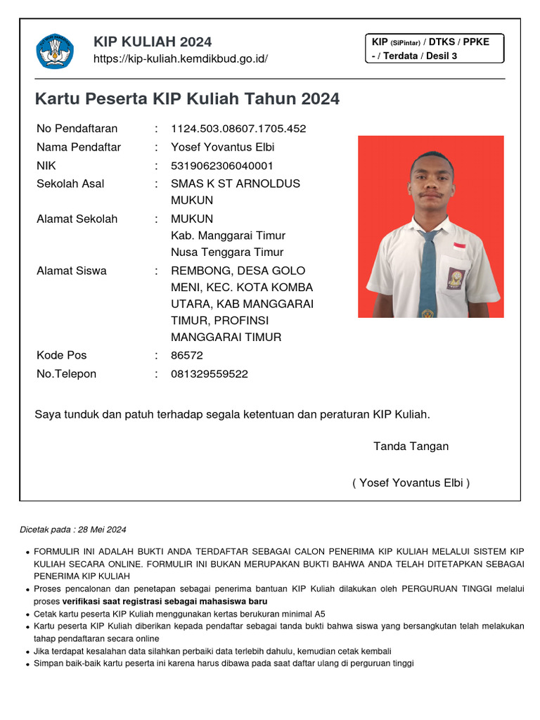 Kartu Peserta KIP Kuliah 2024 | PDF