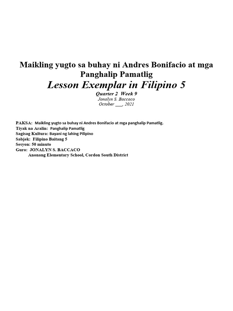 Exemplar Lesson Plan in Filipino First Grading | PDF