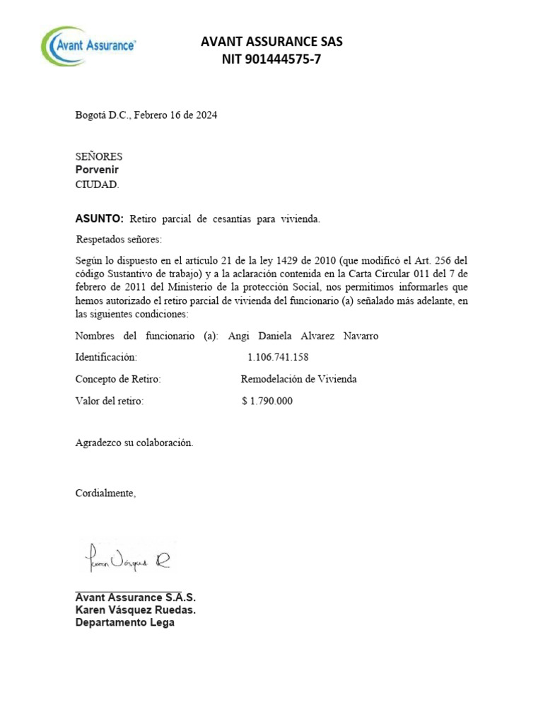Retiro de Cesantias Angi Alvarez | PDF