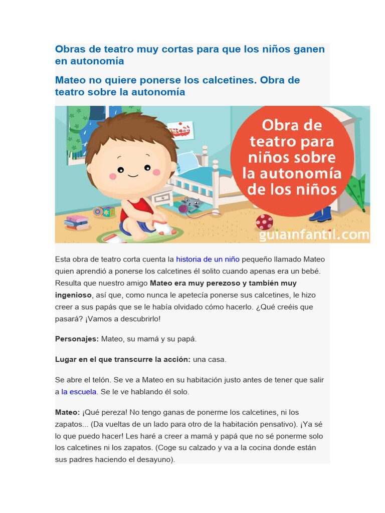 Obras de Teatro Muy Cortas para Que Los Ninos Ganen en Autonomia | PDF ...