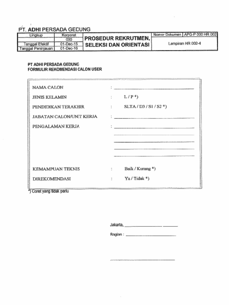 FORM PENERIMAAN CALON PEGAWAI | PDF