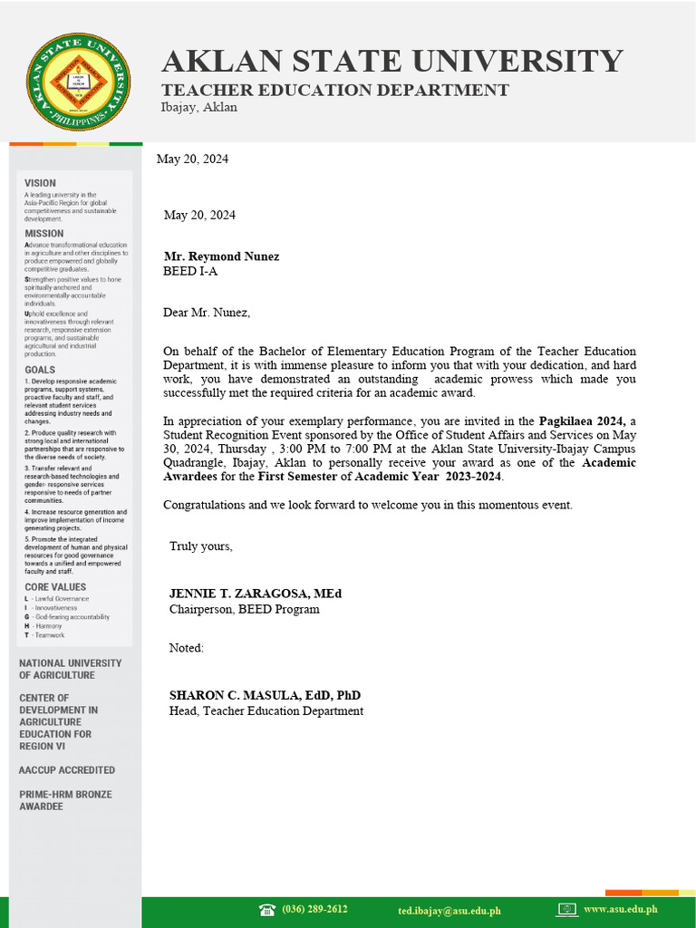 Sample Letter of Invitation To Academic Awardees | PDF