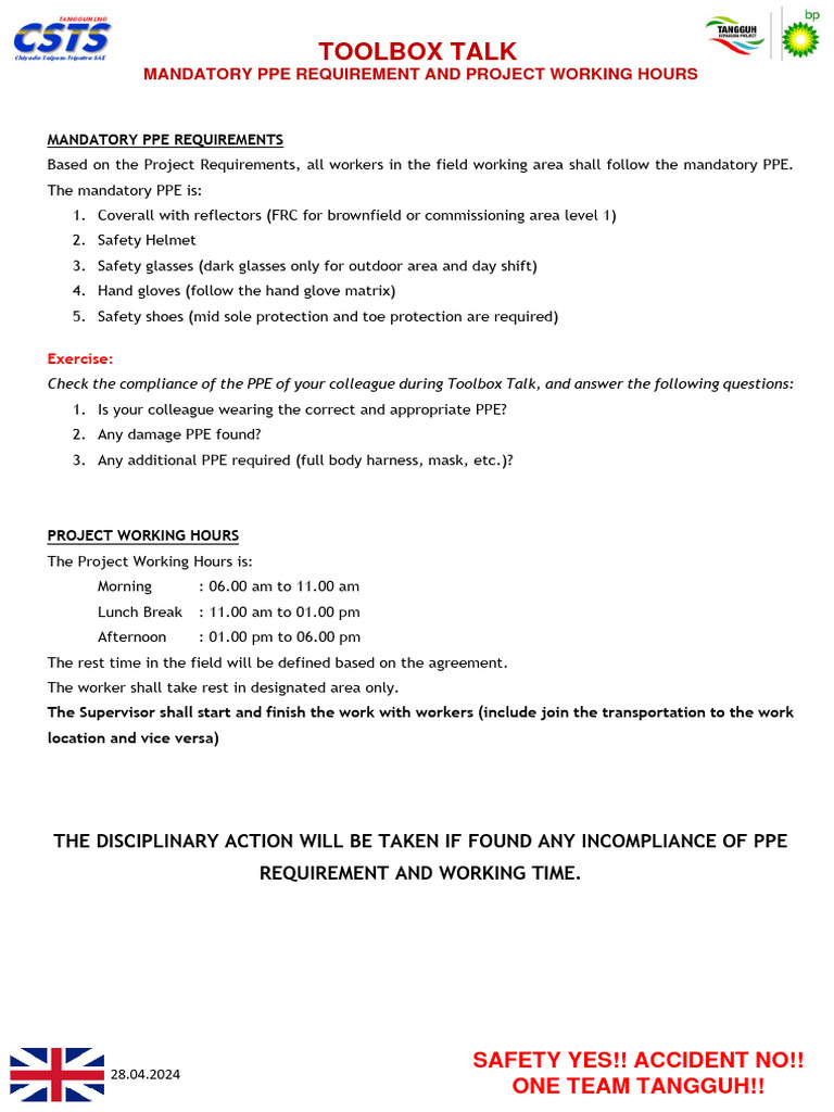 CSTS Toolbox Talks PPE and Working Time | PDF