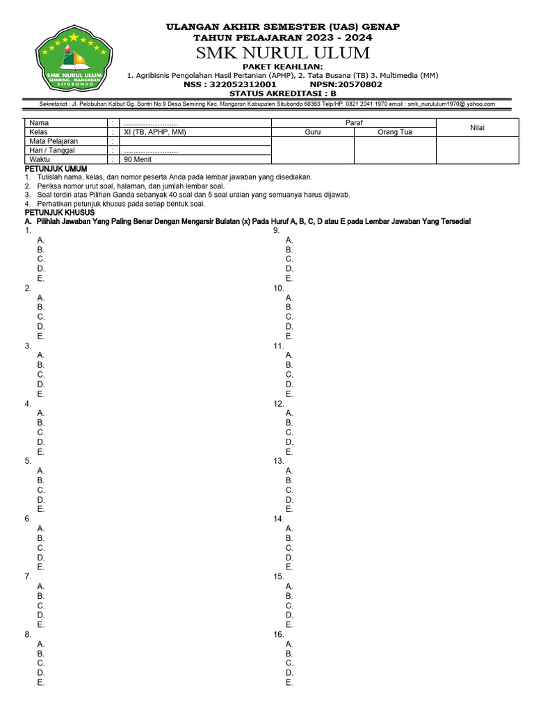 Contoh KOP SOAL UAS XI GENAP 2023-2024 | PDF