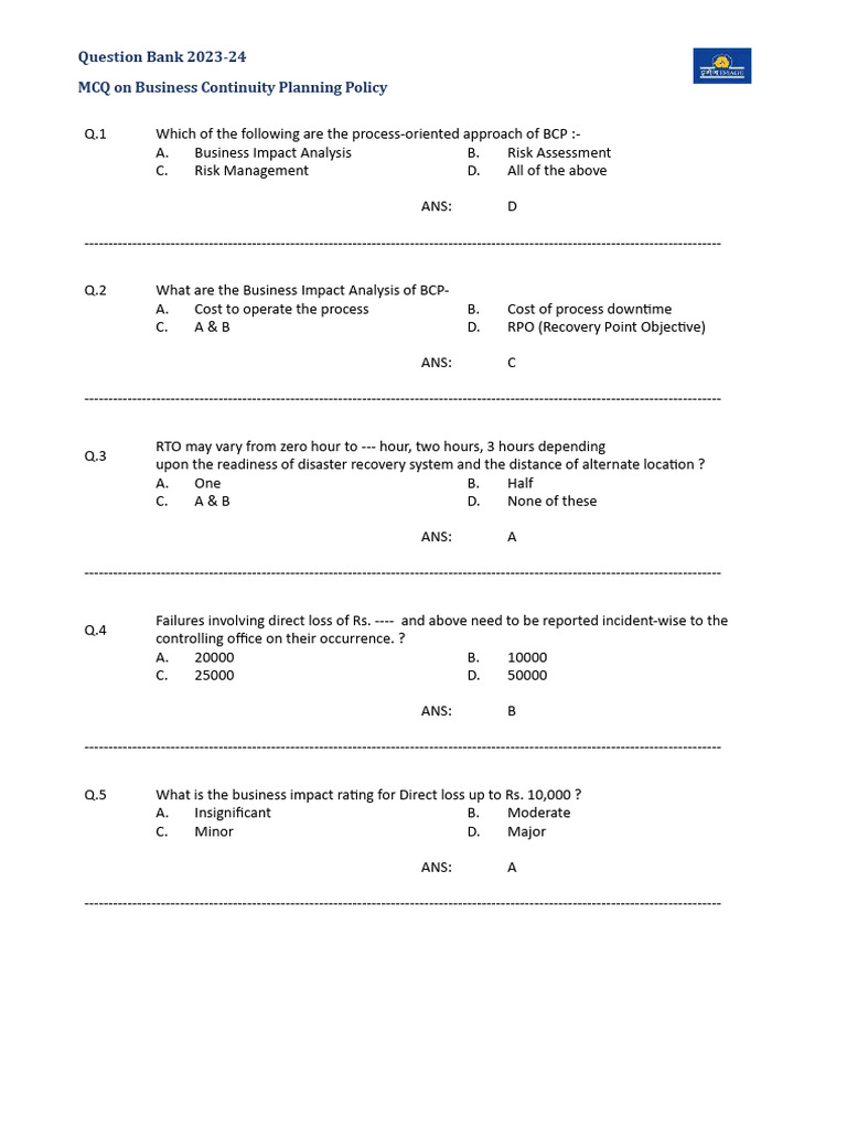 Business Continuity Planning MCQs 2023-24 | PDF | Disaster Recovery ...