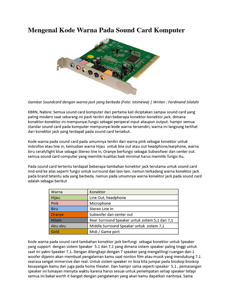 Mengenal Kode Warna Pada Sound Card Komputer | PDF