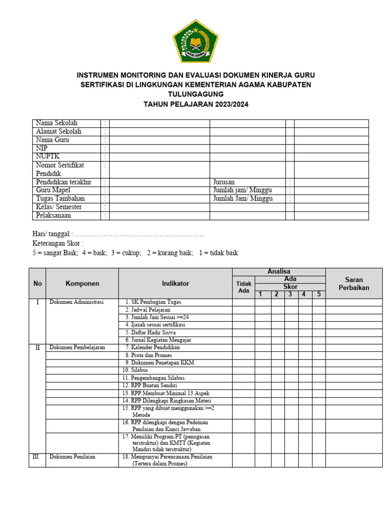 Instrumen Monev Dokumen Kinerja Guru Sertifikasi | PDF