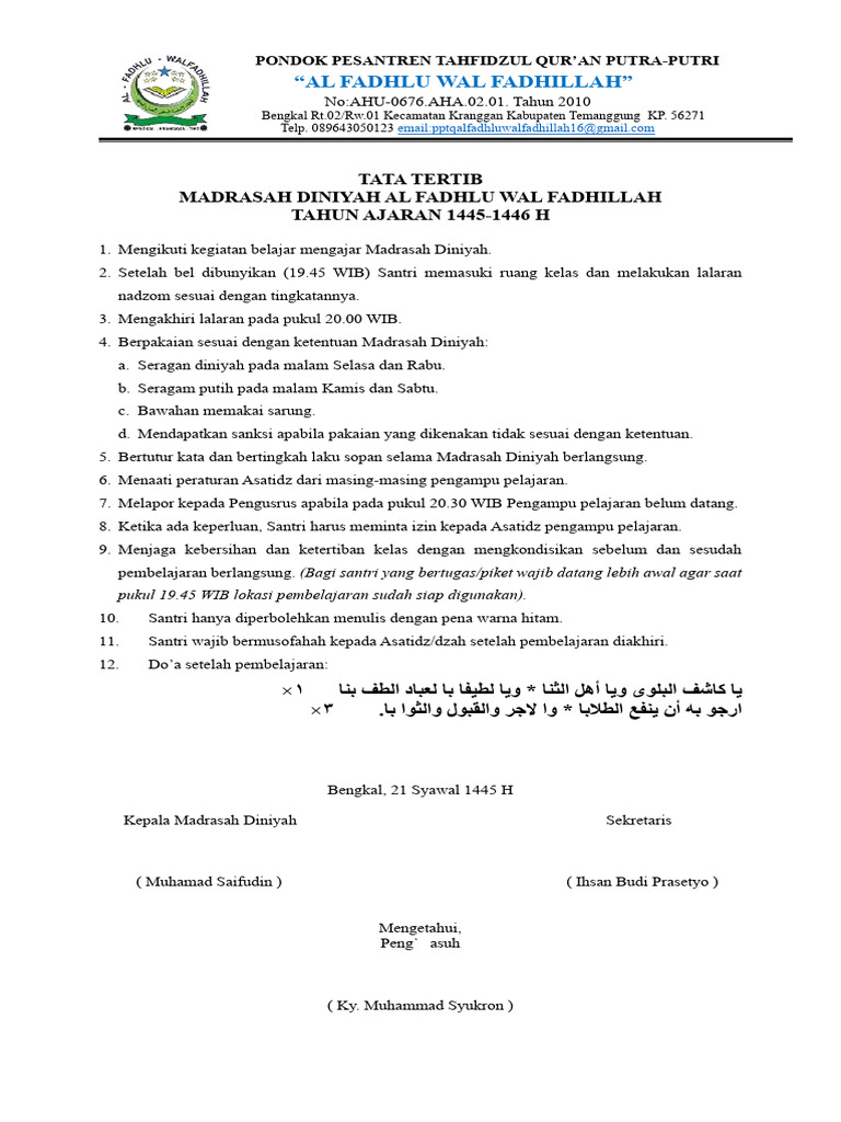 Tata Tertib Madrasah Diniyah 1445-1446 H | PDF