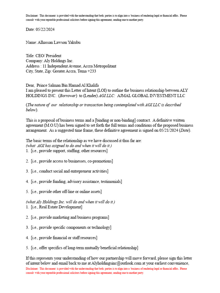 LETTER OF INTENT | PDF | Private Sector | Economies