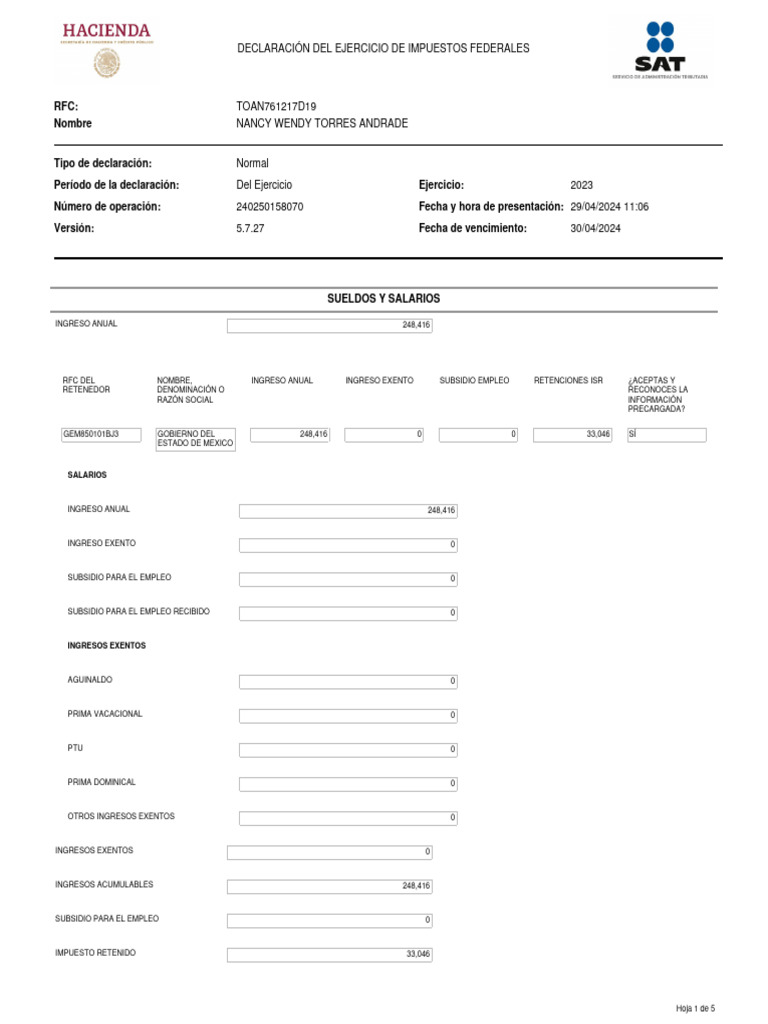 2024 Anual PF Llenado | Descargar gratis PDF | Impuesto sobre la renta ...