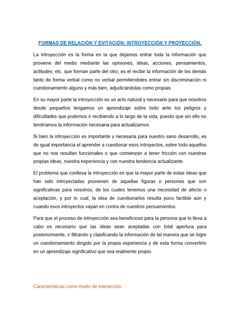 Formas de Relación y Evitación Introyección y Proyección | PDF ...