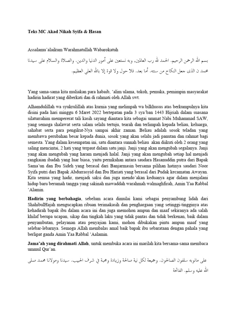 Teks MC Akad Nikah Syifa | PDF