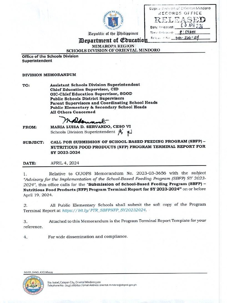 DM Call For Submission of School Based Feeding Program SBFP Nutritious ...