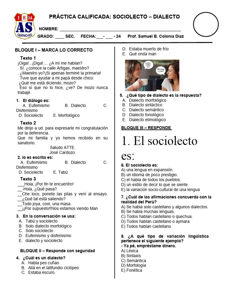 PRACTICA CALIFICADA SIALECTO Y SOCIOLECTO QUINCHES | PDF | Dialecto | Lengua española