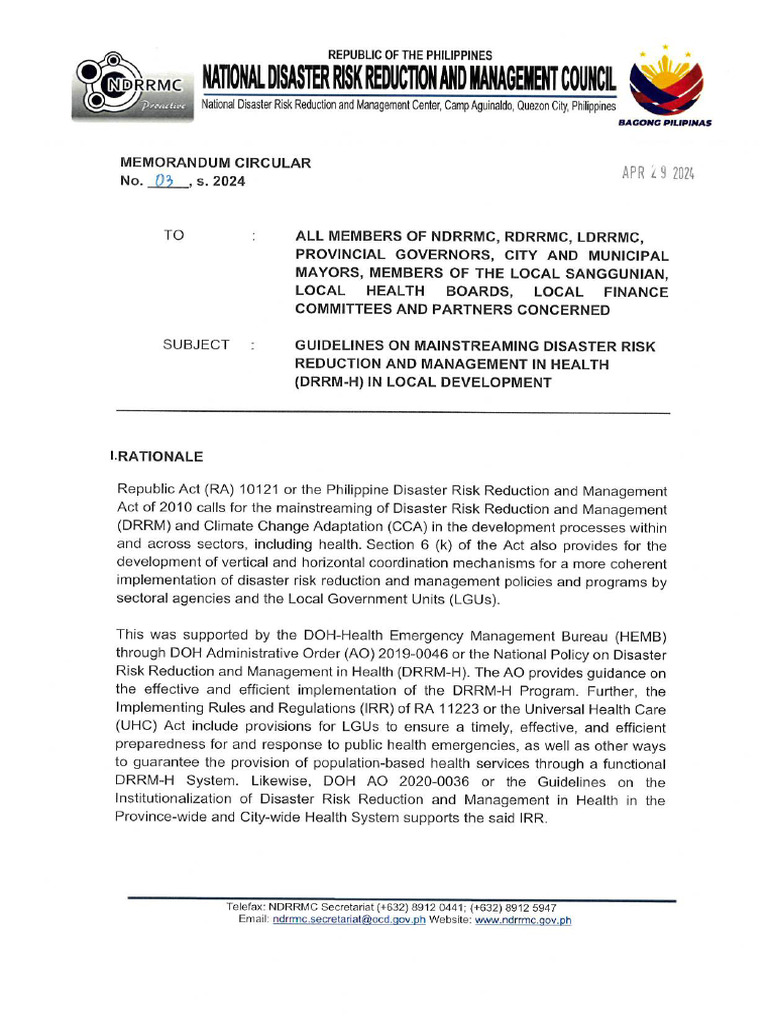 NDRRMC Memo No. 03 S. 2024 DRRM H | PDF