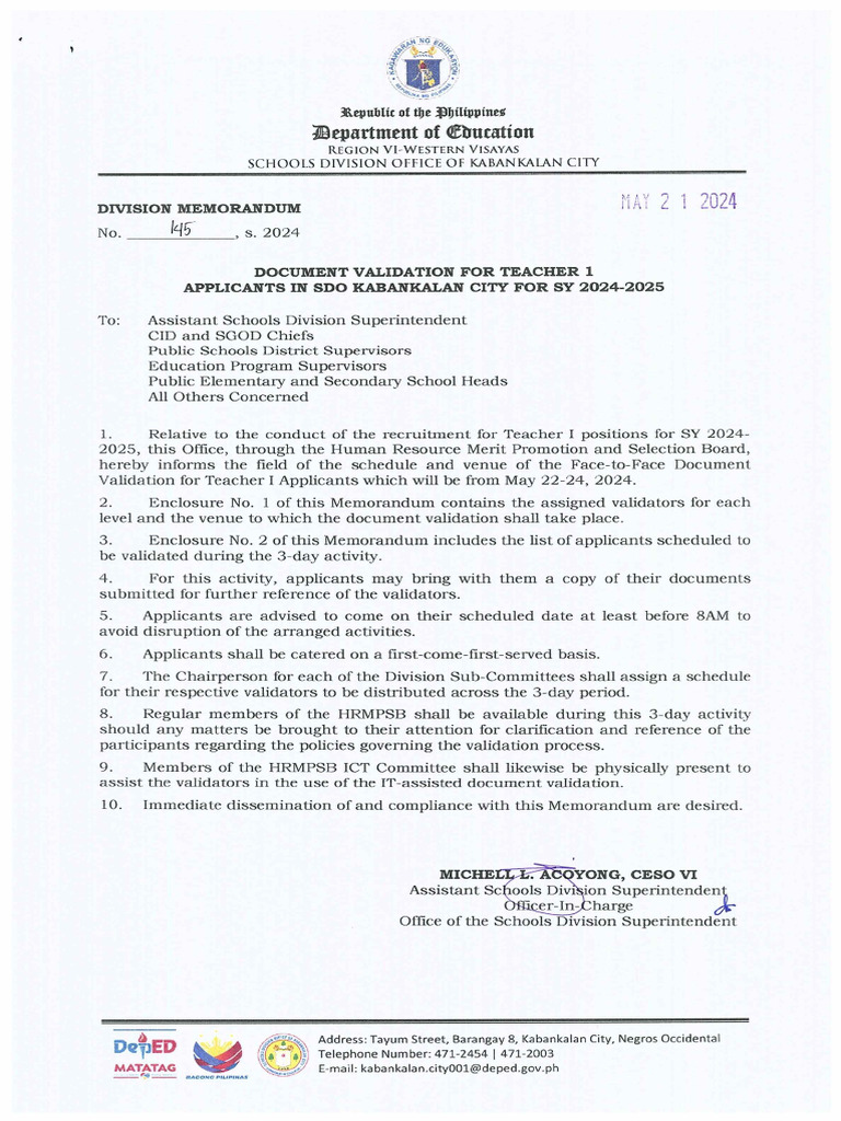 Division Memorandum No. 145 S. 2024 Document Validation For Teacher 1 ...