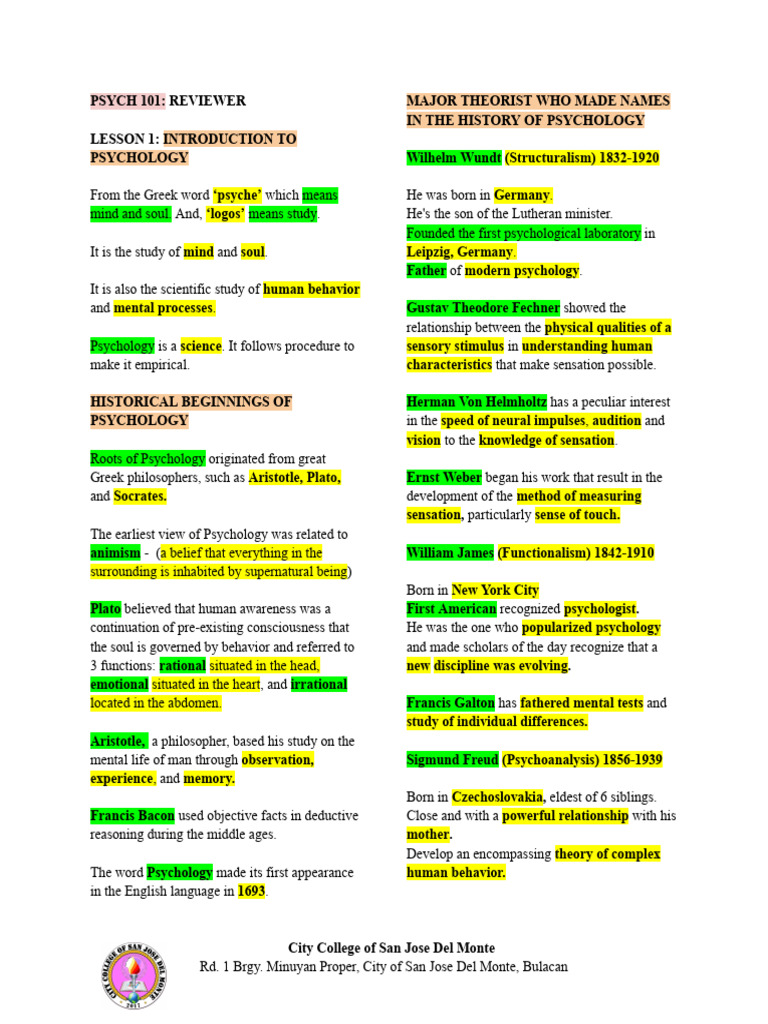 Battery Exam Psych 101 Reviewer | PDF | Psychology | Mind