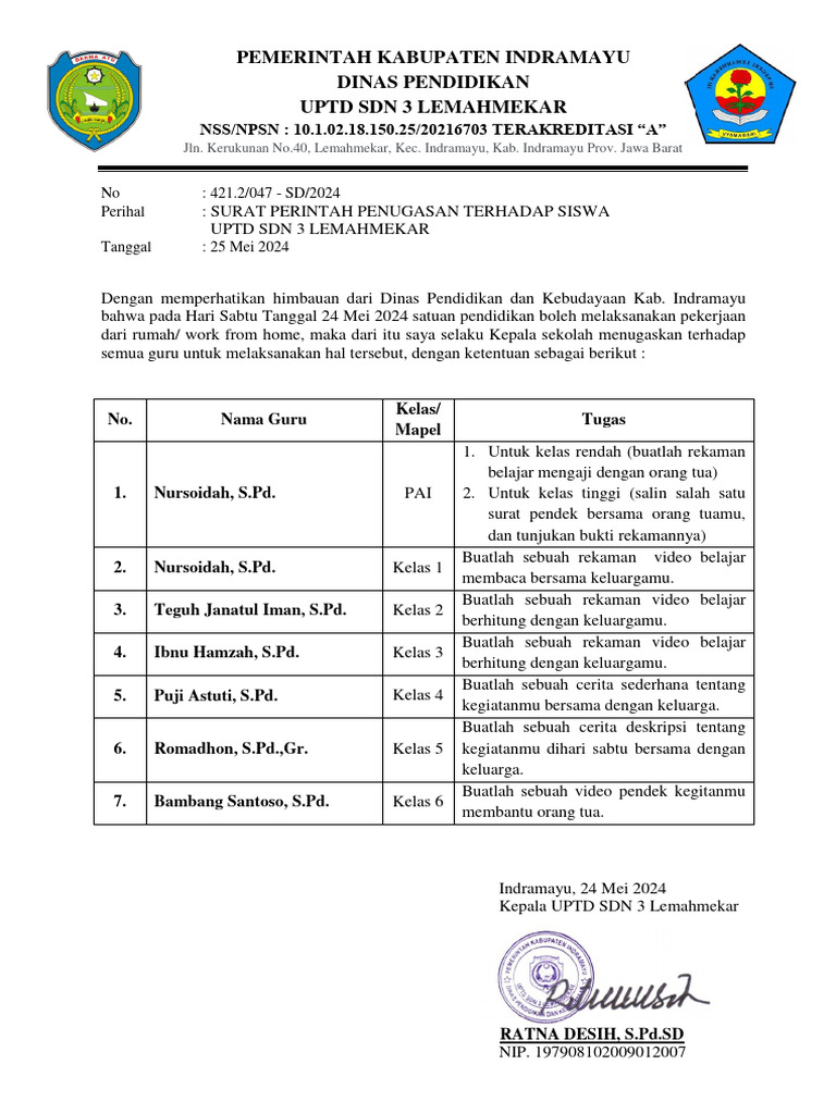 Surat Penugasan WFH Uptd SDN 3 Lemahmekar | PDF